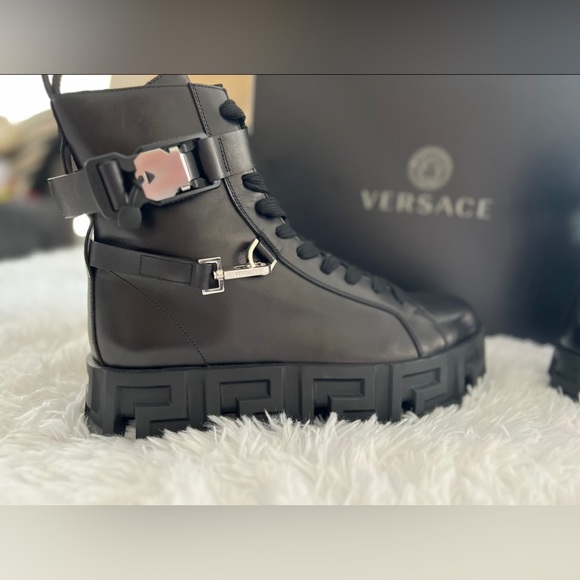 Versace | Shoes | Versace Greca Labyrinth Leather Boots Black 435 ...